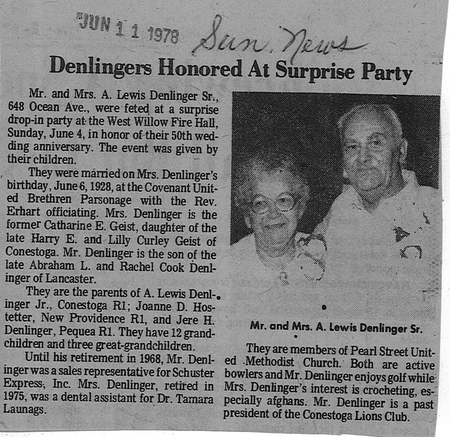 Anniversary-Denlinger A Lewis Sr and Geist Catharine E-50th-1978 ...