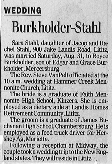 Marriage-stahl sara and burkholder royce – Mennonite Life