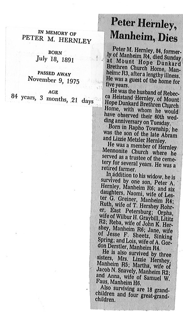 Obituary-hernley peter m-1975 – Mennonite Life