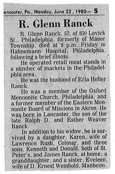 Obituary-ranck r glenn-1980 – Mennonite Life