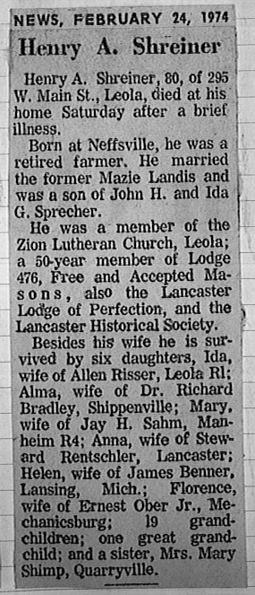 Obituary-shreiner henry a-1974 – Mennonite Life
