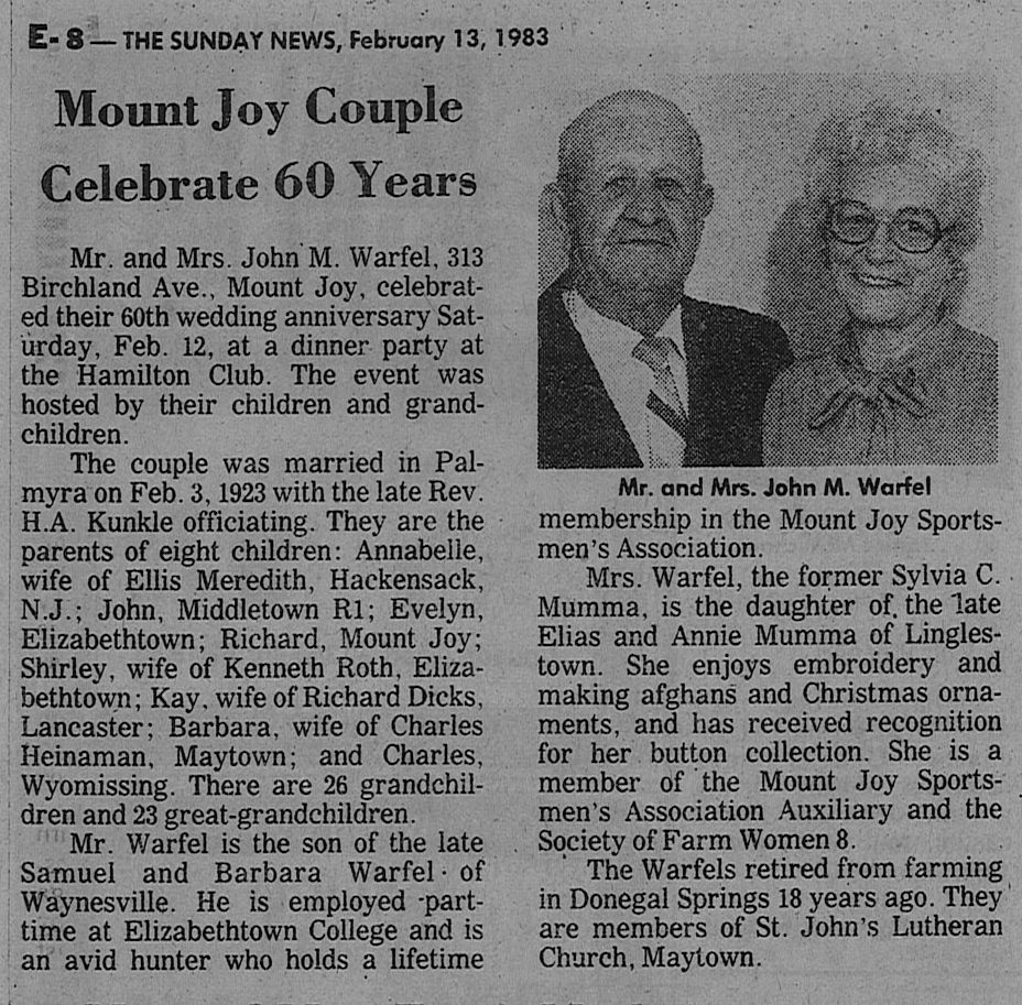 Anniversary-Warfel John M and Mumma Sylvia C-60th-1983 – Mennonite Life