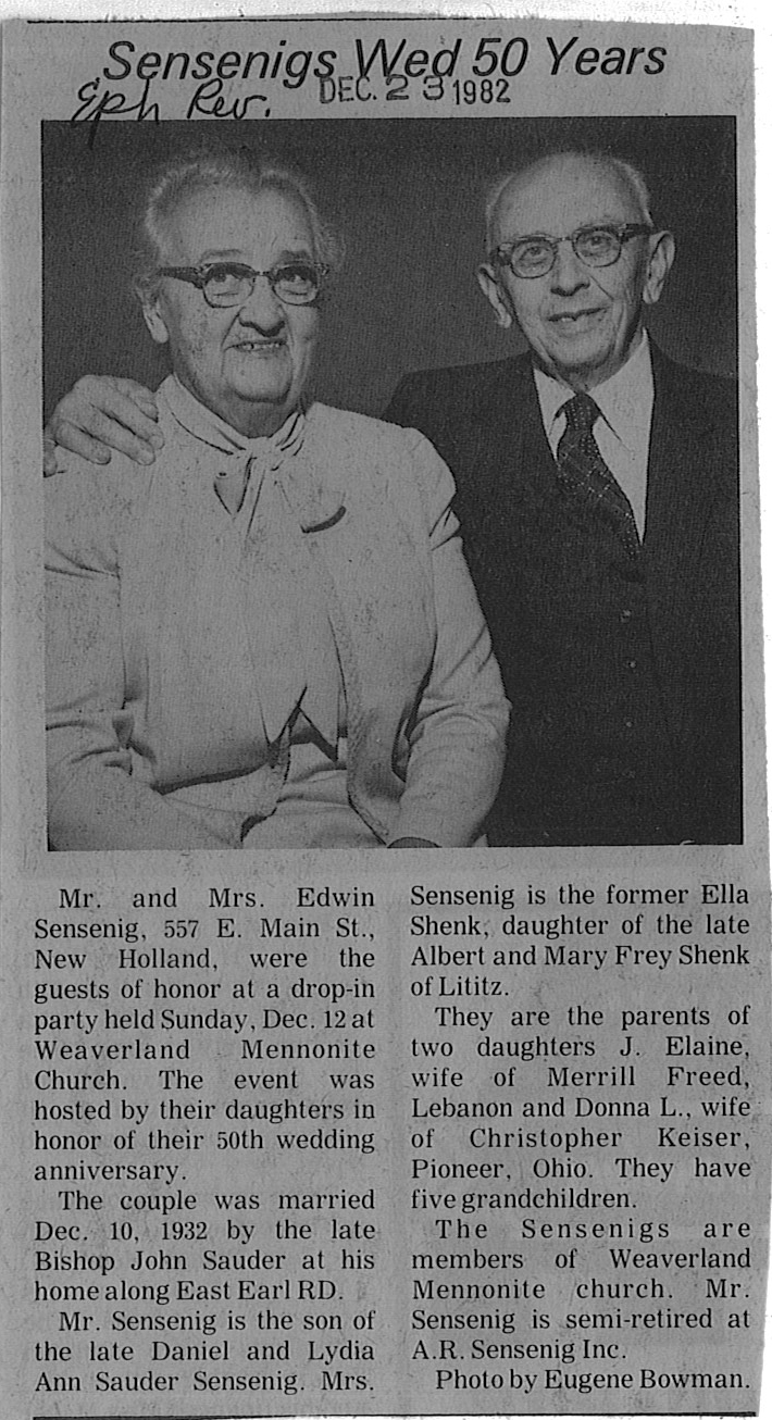 Anniversary-Sensenig Edwin and Shenk Elizabeth-50th-1982 – Mennonite Life