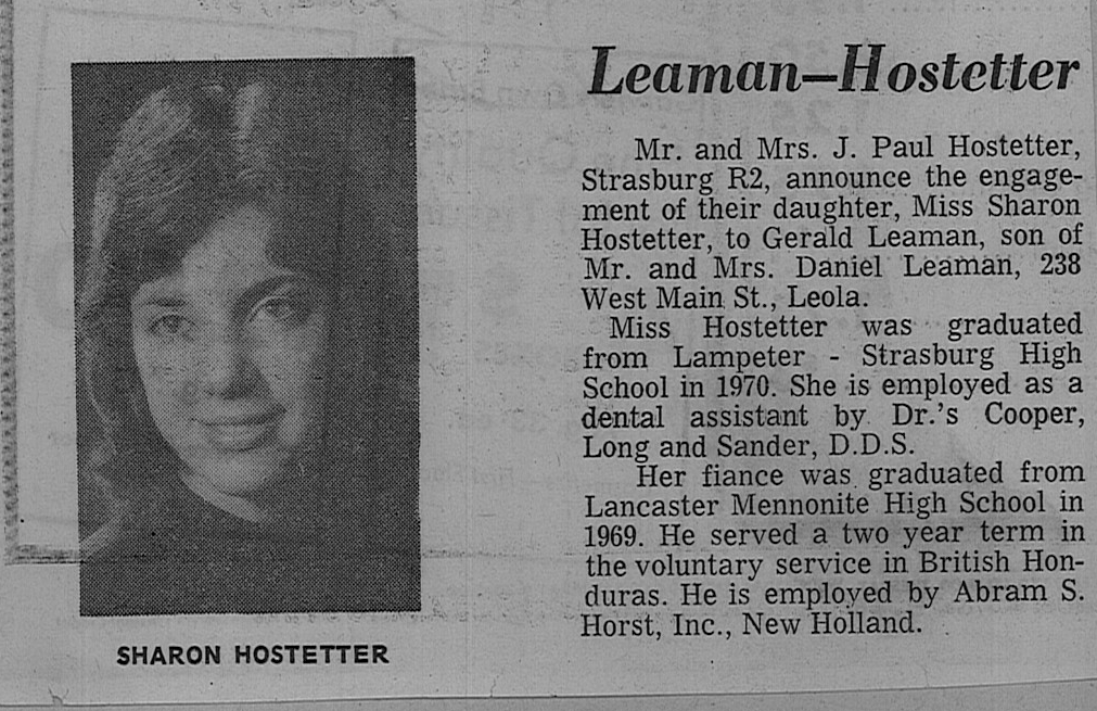 Engagement-Hostetter Sharon and Leaman Gerald – Mennonite Life