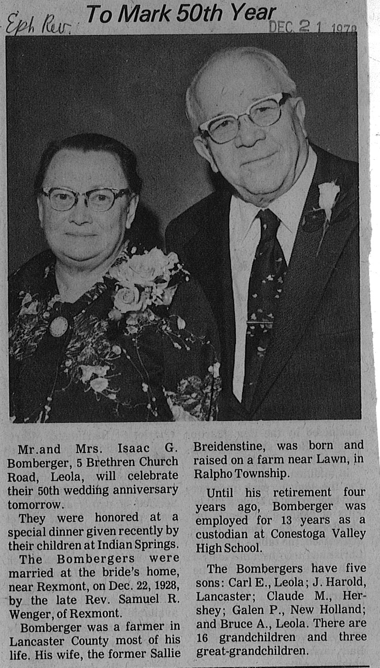 Anniversary-Bomberger Isaac G and Breidenstine Sallie-50th-1978 ...