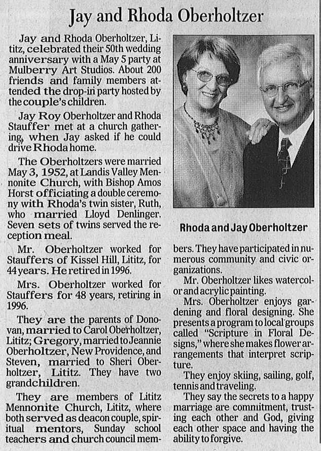 Anniversary-stauffer rhoda and oberholtzer jay roy – Mennonite Life