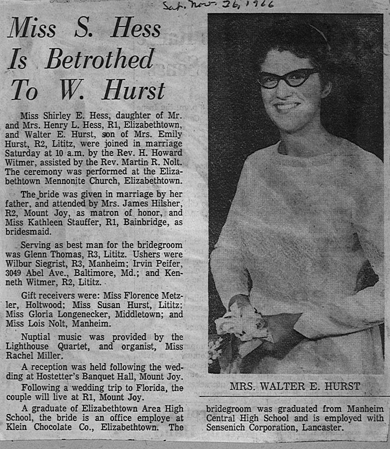 Marriage-hess shirley e and hurst walter e – Mennonite Life