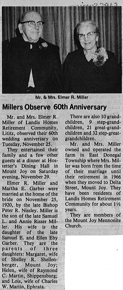 Anniversary-miller elmer r and garber martha e – Mennonite Life
