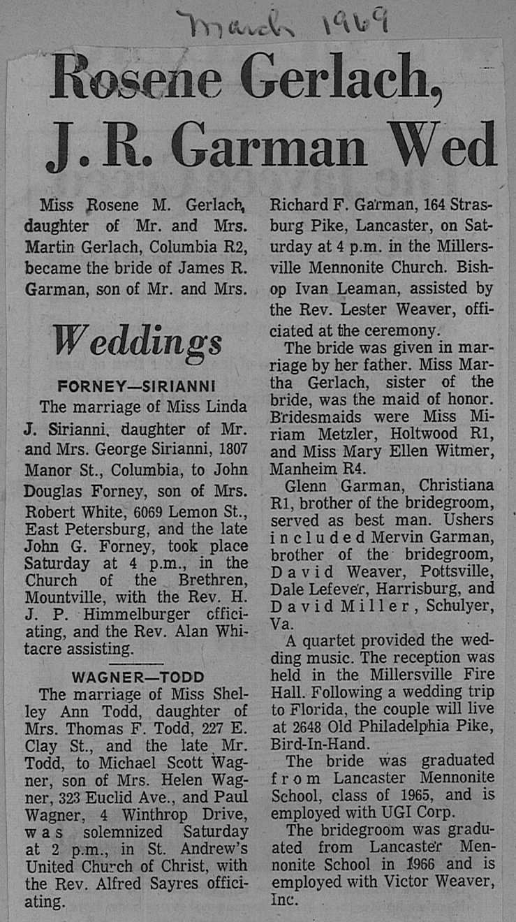 Marriage-Gerlach Rosene M and Garman James R – Mennonite Life
