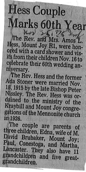 Anniversary-Hess Amos L and Stoner Ada-60th-1975 – Mennonite Life
