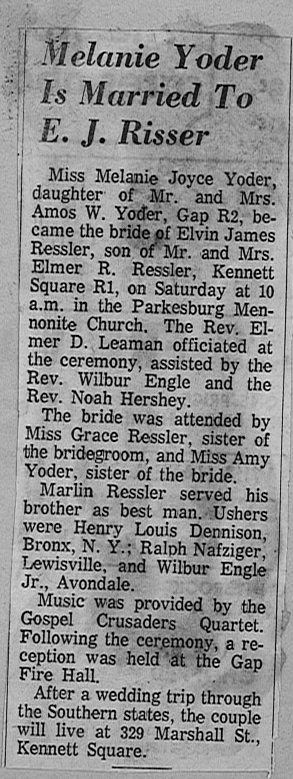 Marriage-yoder melanie joyce and ressler elvin james – Mennonite Life