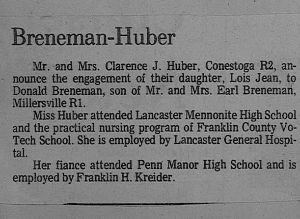 Engagement-Breneman Donald and Huber Lois Jean – Mennonite Life