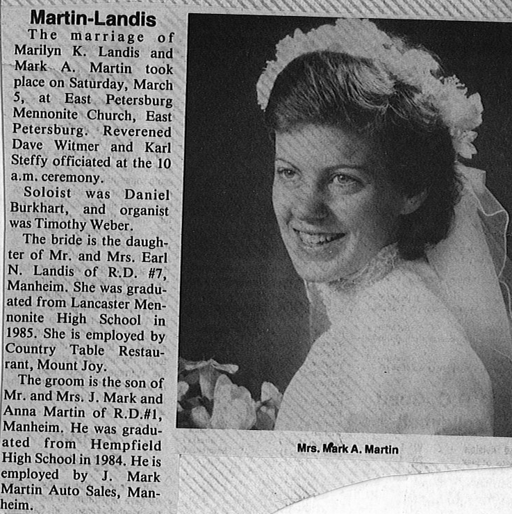 Marriage-martin mark a and landis marilyn k – Mennonite Life