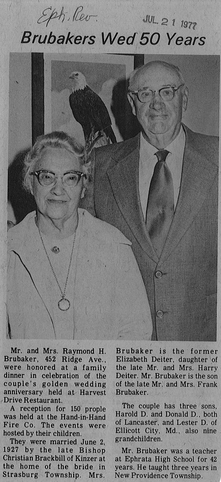 Anniversary-Deiter Elizabeth and Brubaker Raymond H-50th-1977 ...